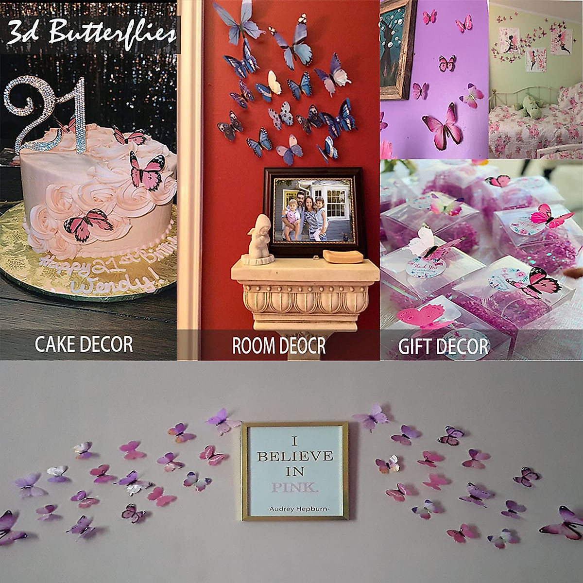 3D Butterfly Stickers, Glow in The Dark Butterfly Decals for Ceiling or Wall Decor, Adhesive 12pcs Butterflies for Kids Bedroom Nursery Living Room, Create a Realistic Butterflyry Home