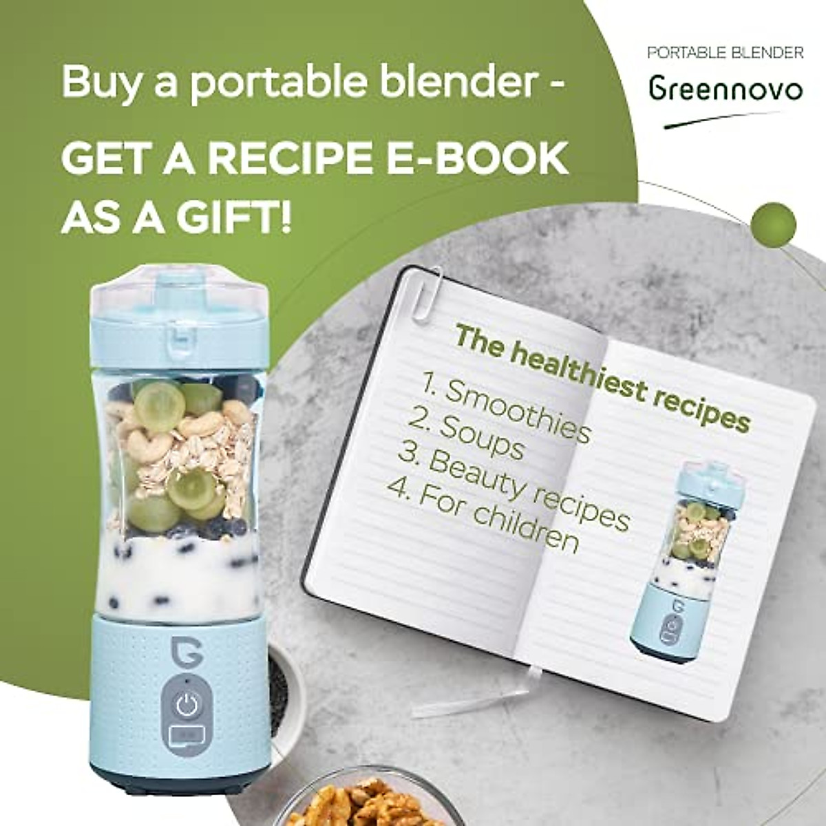 GREENNOVO Portable Blender, Smoothie Blenders, Personal Size Blender USB Rechargeable Smoothies and Shakes Juicer Cup, 4000mAh Battery Strong Power