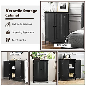 Tangkula Bathroom Floor Cabinet, Freestanding Storage Cabinet with Double Doors and Shelf, Modern Home Furniture, Wooden Home Organizer for Living Room, Bathroom Storage Cabinet (Black)