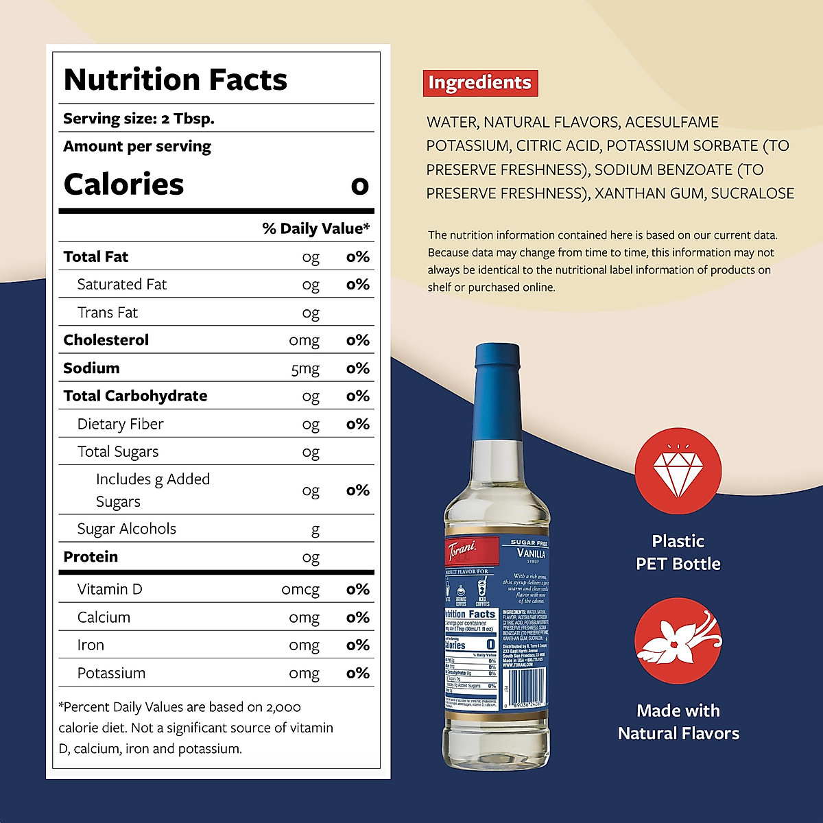 Torani Sugar Free Coffee Syrup, Vanilla Flavored Syrup for Drinks, Zero Calorie, Pump Included, 25.4 Fl Oz