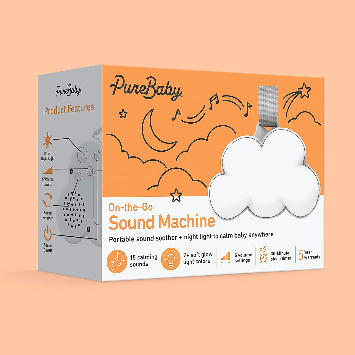 Pure Enrichment PureBaby Cloud Portable Sound Machine and Night Light - 15 Soothing Sounds, Travel Friendly, Battery Operated, Ideal for Baby and Kids on The Crib, Stroller, Headrest, and More