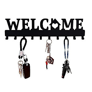 TWOWYHI Key Holder for Wall Black Metal Keys Holder Decorative Wall Mounted WELCOME Design Style Key Rack for Wall Key Hanger with 10 Hooks 12.99"Length 3.35"Width key hangers with Adhesive Wall Screw