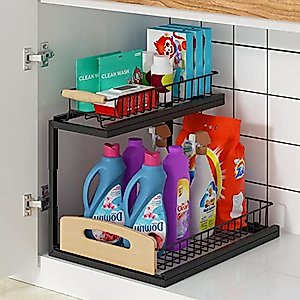 G-TING Under Sink Organizer 2 Tier, L Shaped Sliding Cabinet Basket Organizer, Slide Out Under Cabinet Storage, Multi-Purpose Pull Out Cabinet Organizer for Bathroom, Kitchen, Black
