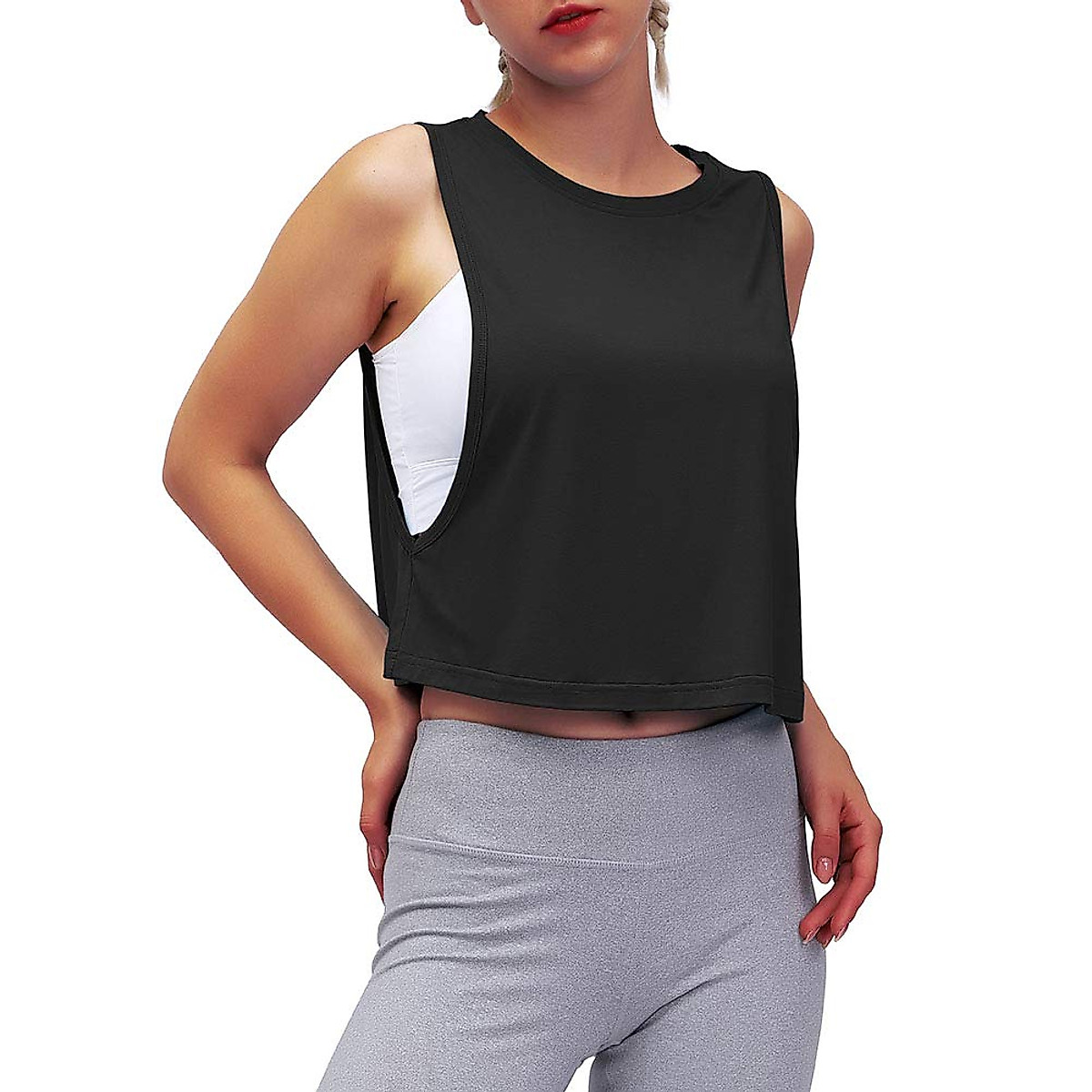 Mippo Cropped Workout Tops for Women Crop Top Workout Shirts Muscle Shirts Mesh Tank Athletic Clothes Active Wear Black M