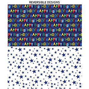 AUCLAY Reversible Birthday Wrapping Paper for Boys Girls Kids Adults Baby Shower Holiday - Colorful Happy Birthday Lettering and Stars Design - Gift Wrapping Paper Roll, 17.7 Inch X 33 Feet