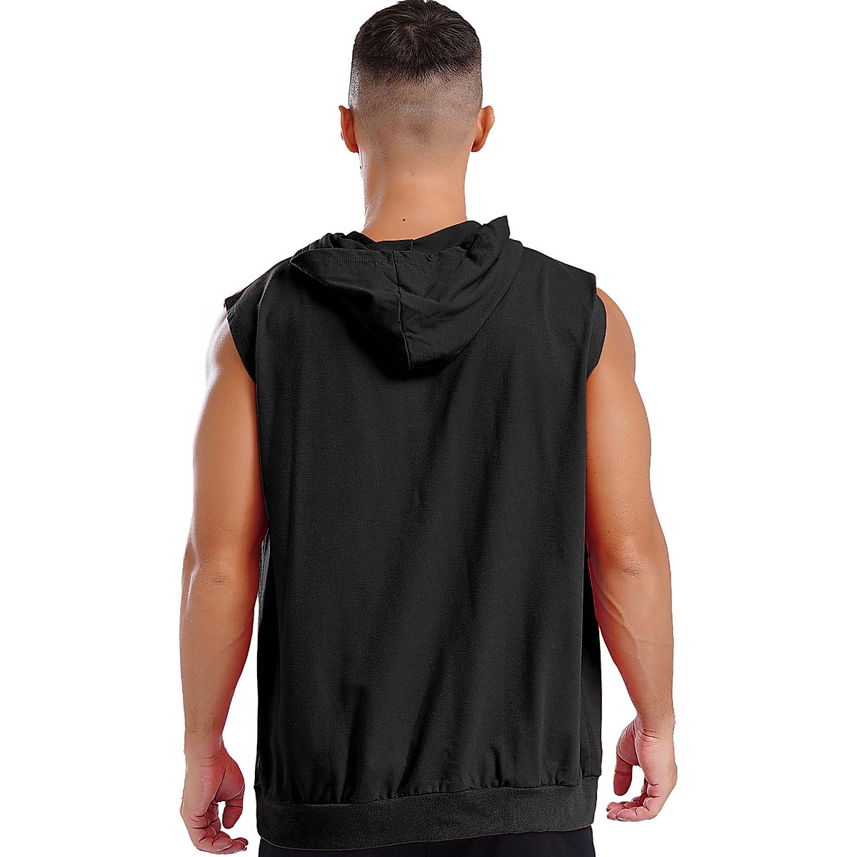 TiaoBug Men's Sleeveless Workout Hoodies Tank Tops Zip-up Hooded Vest Jacket with Kangaroo Pocket Muscle Tees Shirt Black Medium