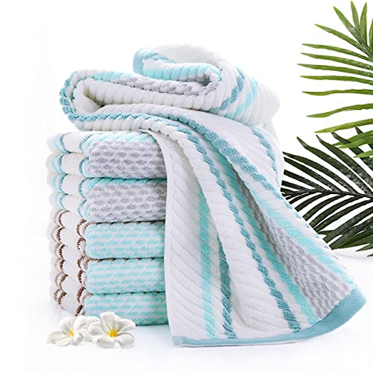 Pidada Hand Towels Set of 2 Striped Pattern 100% Cotton Soft Absorbent Decorative Towel for Bathroom 13.4 x 29.5 Inch (Green)