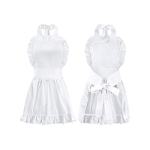 Newcotte Maid Aprons Colonial Aprons Adjustable Bib White Retro Ruffle Apron renaissance french maid apron colonial costume girls apron Kitchen Cooking Baking Cleaning Maid Costume(White)