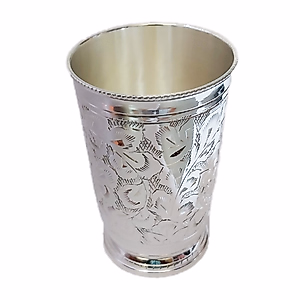 PARIJAT HANDICRAFT Brass beautifully embossed mint julep cup, water tumbler, drinking glass coated with silver