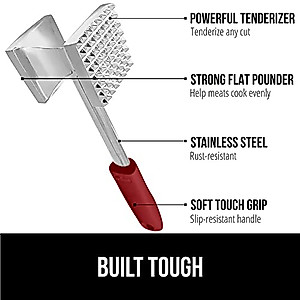 Gorilla Grip Hand Held Can Opener and Meat Tenderizer, Large Lid Openers Rust Proof, Heavy Duty Meat Tenderizer Soft Grip Handle, Both in Red, 2 Item Bundle