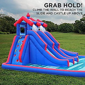 SUNNY & FUN Mega Sport Inflatable Water Triple Slide Park – Heavy-Duty for Outdoor Fun - Climbing Wall, 3 Slides & Splash Pool – Easy to Set Up & Inflate with Included Air Pump & Carrying Case