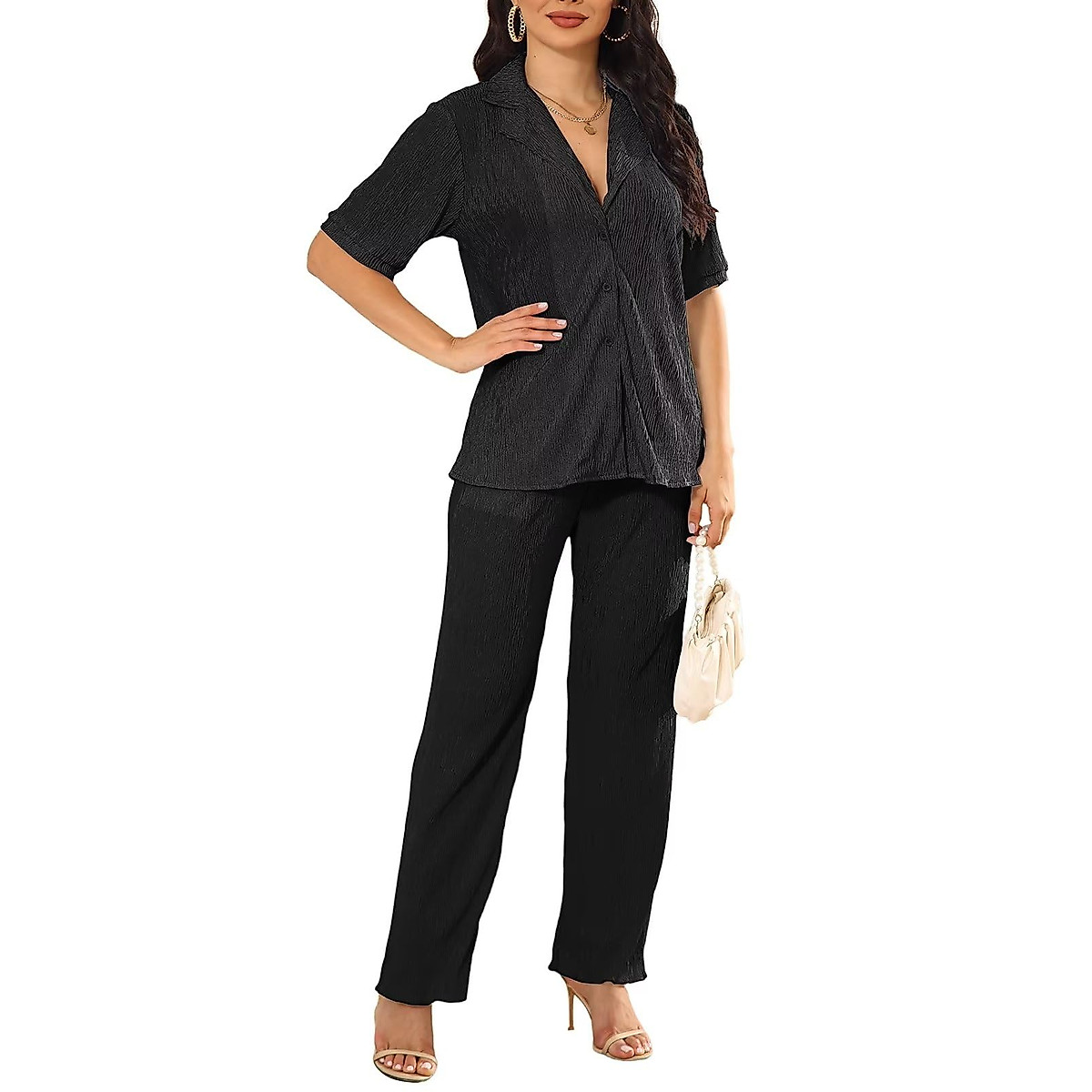 Ekaliy Women 2 Piece Dressy Outfits Short Sleeve Button Down Shirts Blouses Tops Wide Long Pants Summer Tracksuit Black 2XL