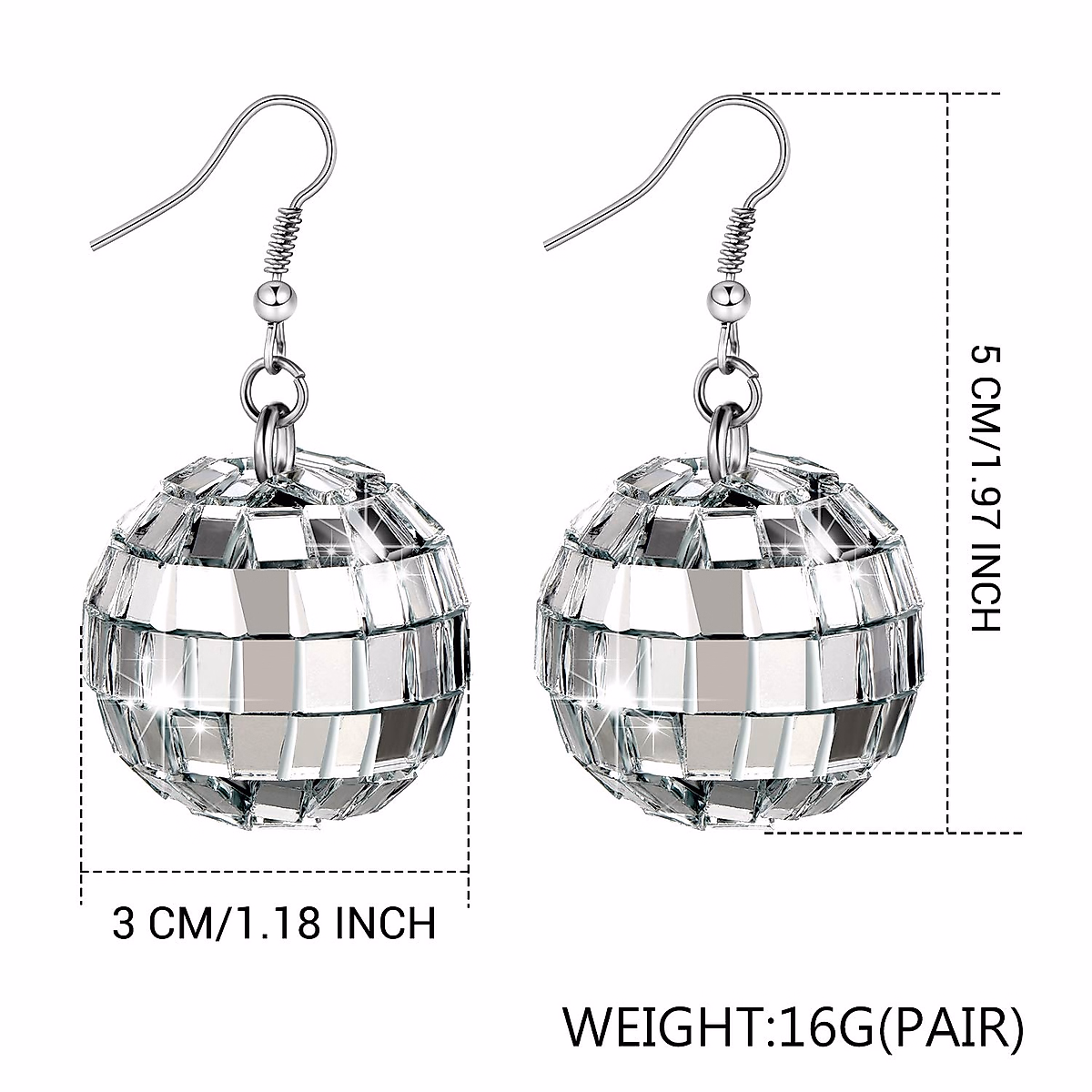 Hicarer Disco Mirror Ball Earrings 60's or 70's Dance Party Silver Costume Accessories for Women and Girls 2024 New Year Party(5 Pairs)