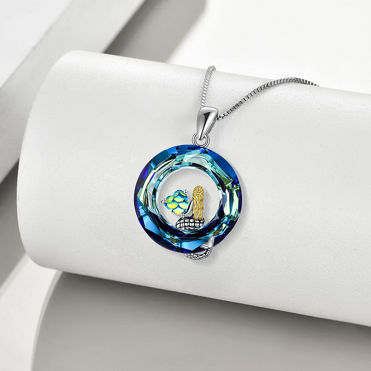 POPKIMI Mermaid Necklace Mermaid Scales 925 Sterling Silver Crystal Pendant Mermaid Jewelry I Love You Forever Jewelry Birthday Christmas Gift for Women Girls (Mermaid Necklace with Blue Circle Crystal)