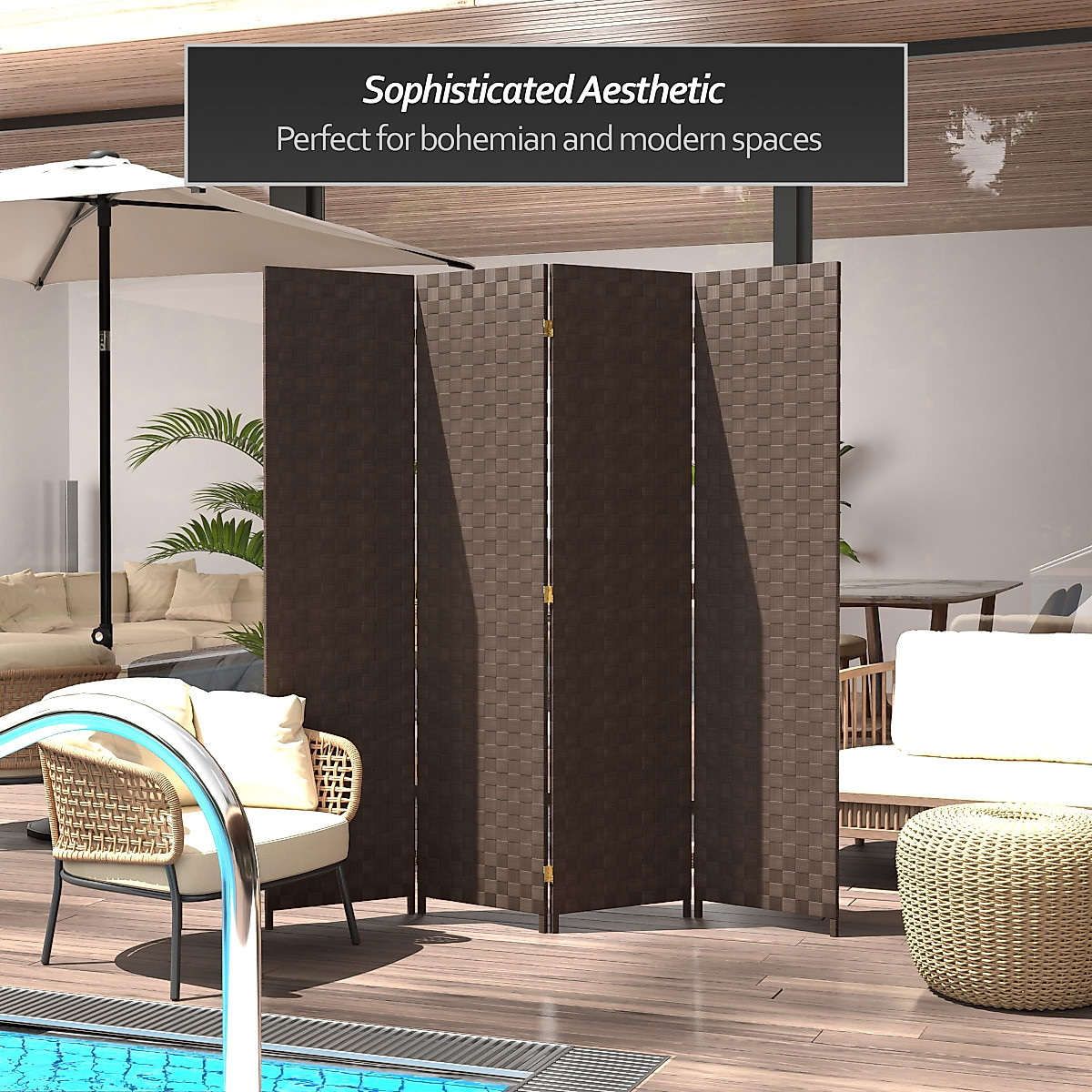 Red Lantern 6 ft. Tall Woven Fiber Outdoor All Weather 4 Panel-Dark Brown Room Divider