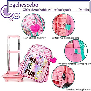 Egchescebo Kids Rolling Backpack for Girls Suitcases Trolley Backpacks with Wheels Roller Luggage Backpack on Wheels with Lunch Box Pencil Case for Elementary Girls Travel School Bag Aged 6-15 Red