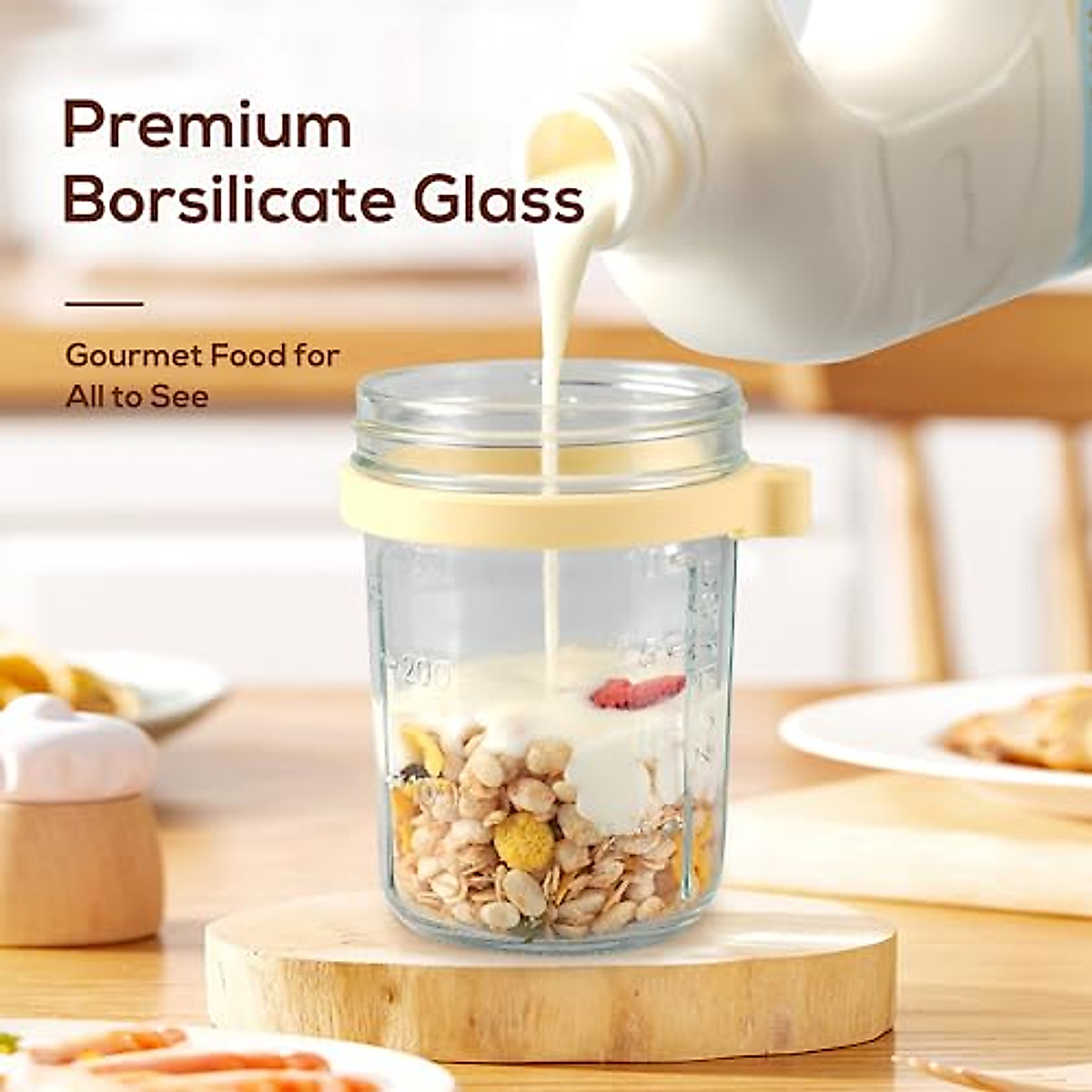 Overnight Oats Jars,Mason Jars for Overnight Oats with Lid and Spoon,10 Oz Glass Meal Prep Containers with Measurement Marks,Perfect Size for Overnight Oats,Salad Yogurt,Cereal,Fruit (4 PACK B)