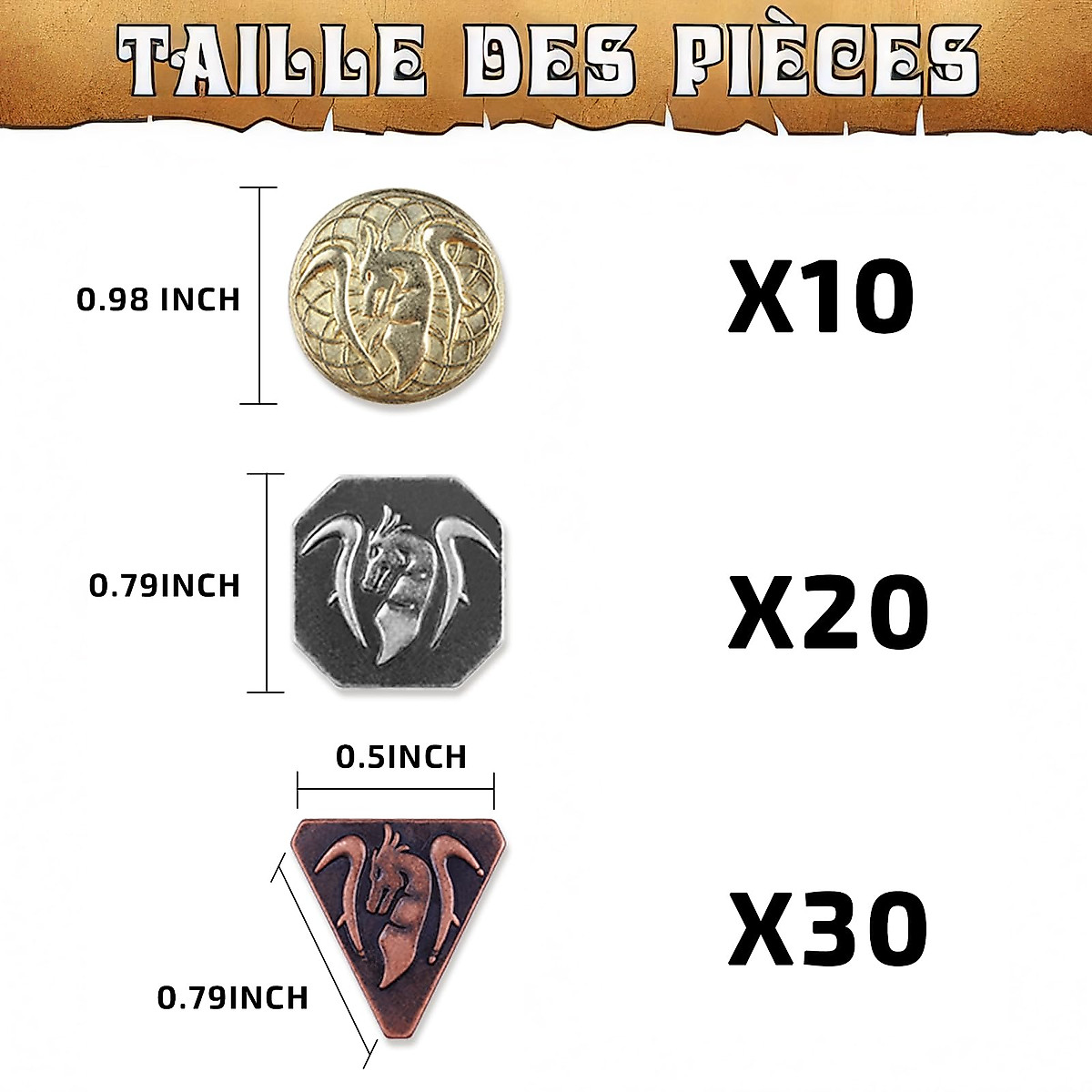 Byhoo 60 PCS DND Coins, Gold, Silver and Copper Coins in Metal Coins, Fantasy Coins for Board Games, Fake Coins for Games Tokens, Role-Playing Coins of Dungeons and Dragons