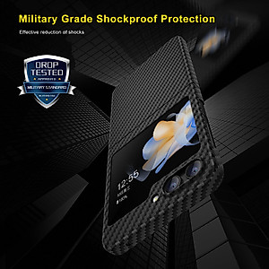 memumi 𝟐𝟎𝟐𝟑 Real Aramid Fiber for Samsung Z Flip 5 Case, Sturdy Durable Aramid 0.5 mm Slim Case for Galaxy Z Flip5 Carbon Fiber Aramid Fiber with Military-Grade Drop Protection Black