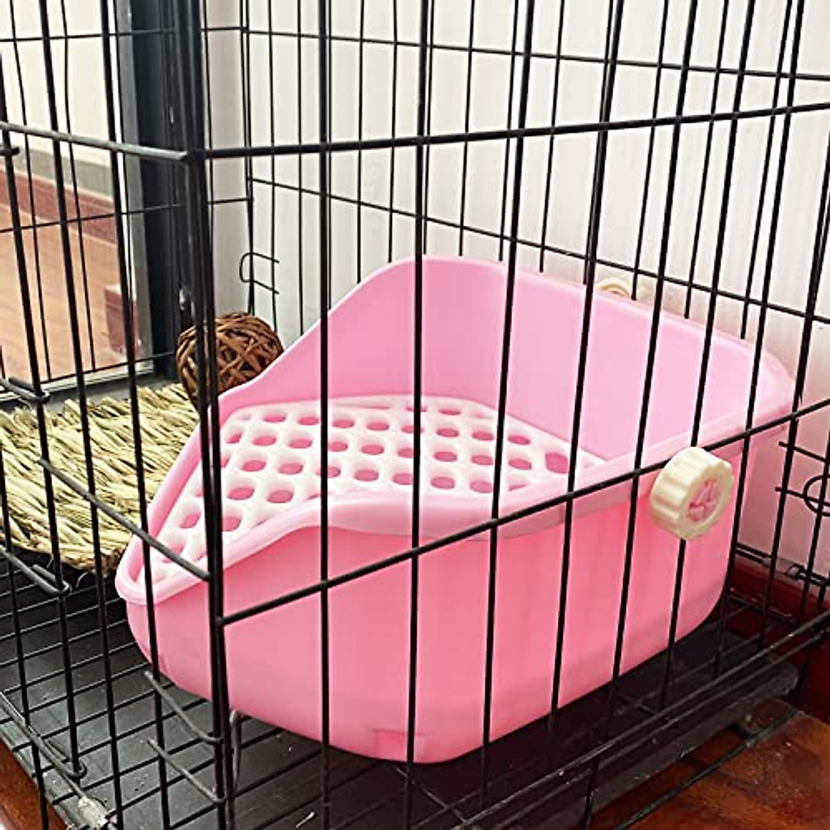 kathson Rabbit Litter Box Pet Toilet Cage Box Potty Trainer Corner with Small Animal Cage Cleaner Broom Brush Dustpan for Bunny Chinchilla Guinea Pig Ferret (Pink)