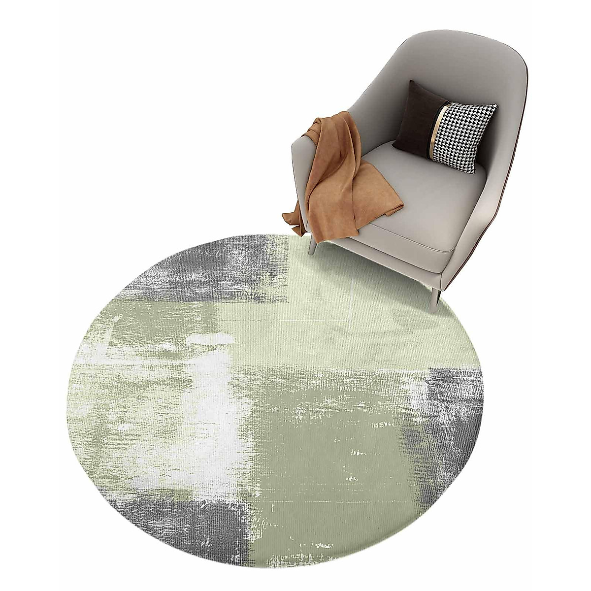 Modern Sage Green Fluffy Round Area Rug Carpets 5ft, Plush Shaggy Carpet Soft Circular Rugs, Non-Slip Fuzzy Accent Floor Mat for Living Room Bedroom Nursery Home Decor Abstract Grey White Painted Art