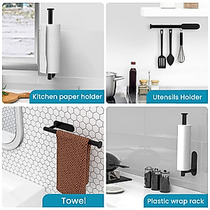 Paper Towel Holder Under Cabinet, Kitchen Paper Towel Holder Wall Mount, Self Adhesive Paper Towel Roll Holder SUS304 Stainless Steel Paper Towel Bar Paper Towel Rack - Black
