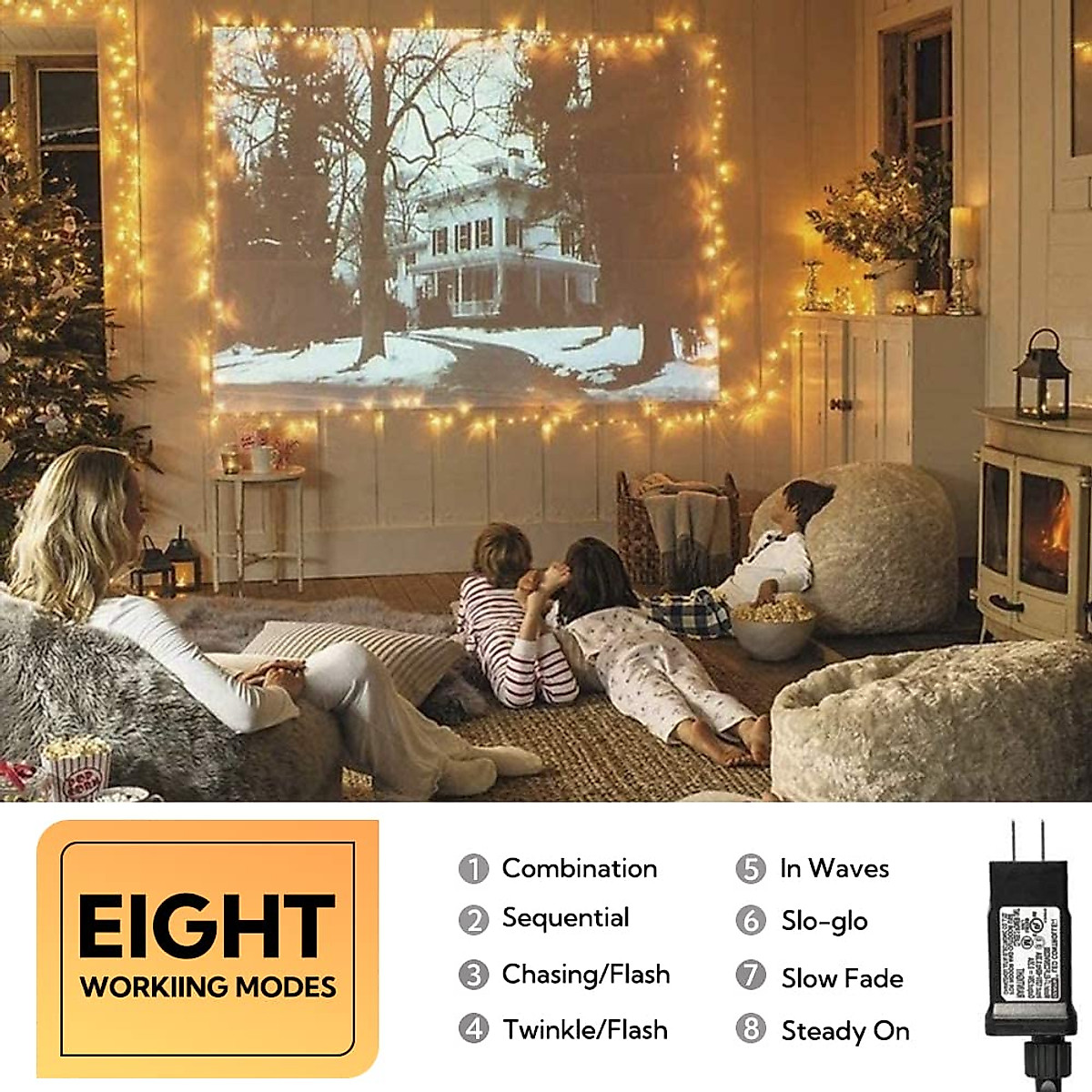 MYGOTO 33FT 100 LEDs String Lights,Green Wire Waterproof Fairy Lights 8 Modes 30V UL Certified Plug in Xmas Lights for Home, Garden, Wedding, Party, Christmas Decoration Indoor Outdoor (Warm White)