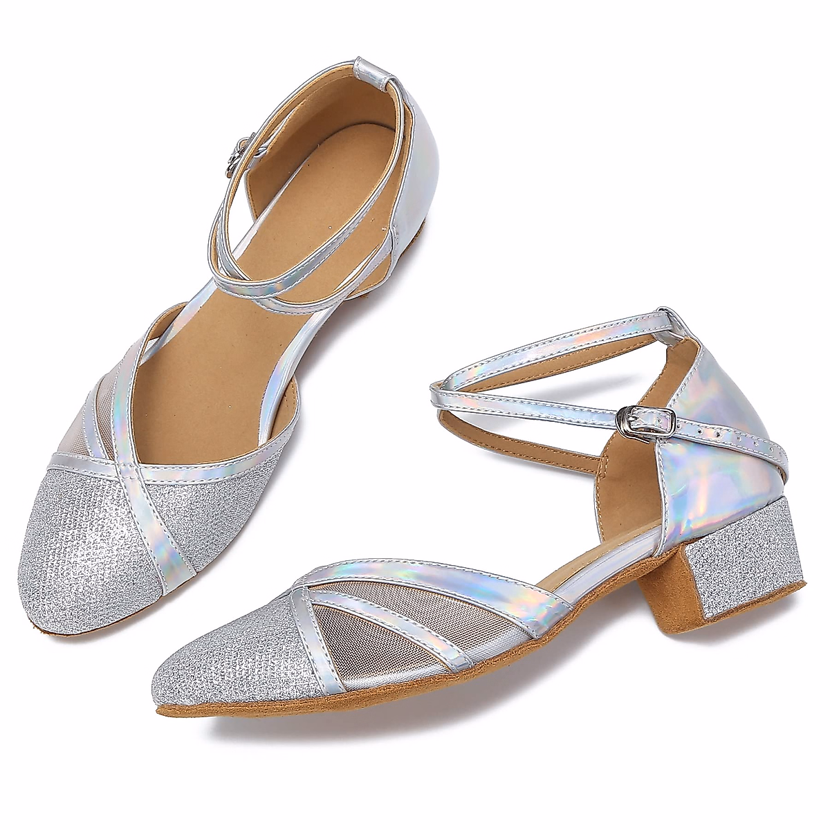 LuiXiu Low Heel Ballroom Dance Shoes for Social Beginner 1.5 Inches Latin Salsa Practice Dancing Sandals LX03(9.5, Silver-1.5 Inch Heel)