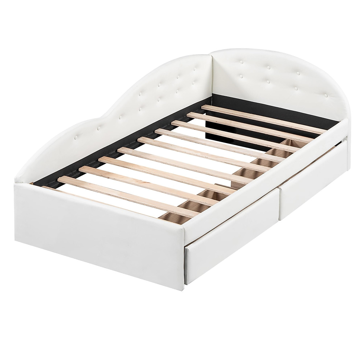 Hlcodca Twin Size Upholstered Daybed with Two Drawers and Cloud Shaped Guardrail, Pu Upholstered Tufted Platform Bed Frame with Wooden Slat Support for Bedroom Living Room (White-007)