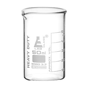 EISCO Heavy Duty Beaker, 50ml - 5mm Thick, Uniform Walls - Superior Durability & Chemical Resistance - White Graduations - Borosilicate 3.3 Glass
