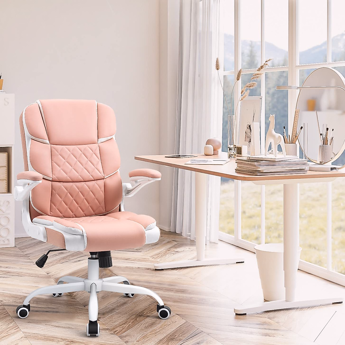 SEATZONE Ergonomic Office Chair Pink PU Leather Desk Chairs Computer Chair with Wheels and Flip-up Arms,Rolling Swivel Task Chair for Women,Girls
