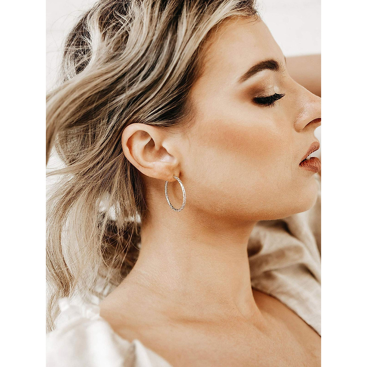 SWEETV 925 Sterling Silver Hoop Earrings for Women Sliver Huggie Earrings Hypoallergenic Textured Huggie Hoop Earring for Sensitive Ears 24MM