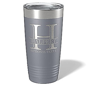 Personalized 20oz (17 Colors) Powder Coated Insulated Stainless Steel Tumbler with Lid, Custom Etched, Customized Engraved Gift Idea for Women Men Her Him, Halpert Monogram Initial Name (Gray)