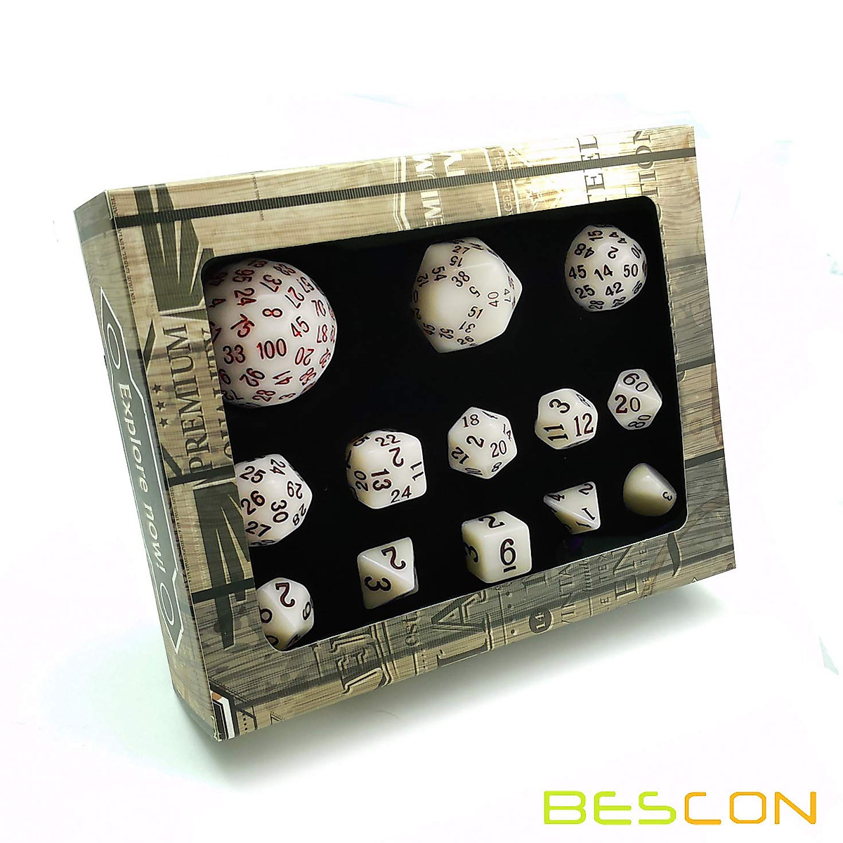 Bescon Super Glowing in Dark Complete Polyhedral RPG Dice Set 13pcs D3-D100
