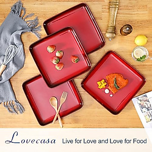 LOVECASA Red Dinner Plates Set of 4, Square Dessert Salad Plates Set, 10 Inch Stoneware Plates, Dishwasher, Oven and Microwave Safe