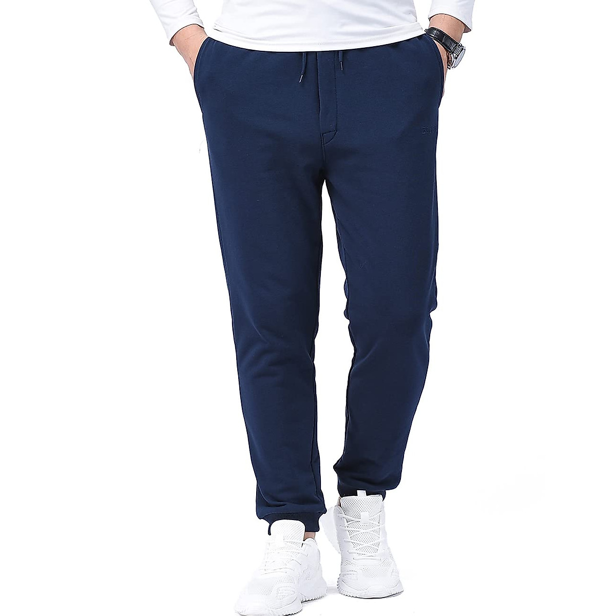 Zoulee Classic Drawstring-Waist Zipper Logo Jogger Pants with Zipper Fly Navy Blue 2XL