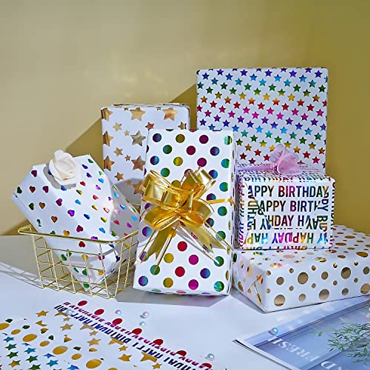 Gift Wrapping Paper Birthday, 6 Sheets Metallic Foil Wrapping Paper Set Colorful Gold Heart Dots Star Happy Birthday Wrapping Paper for Women Men, Gift Wrapping Paper for Any Occasions, 27x19 Inches