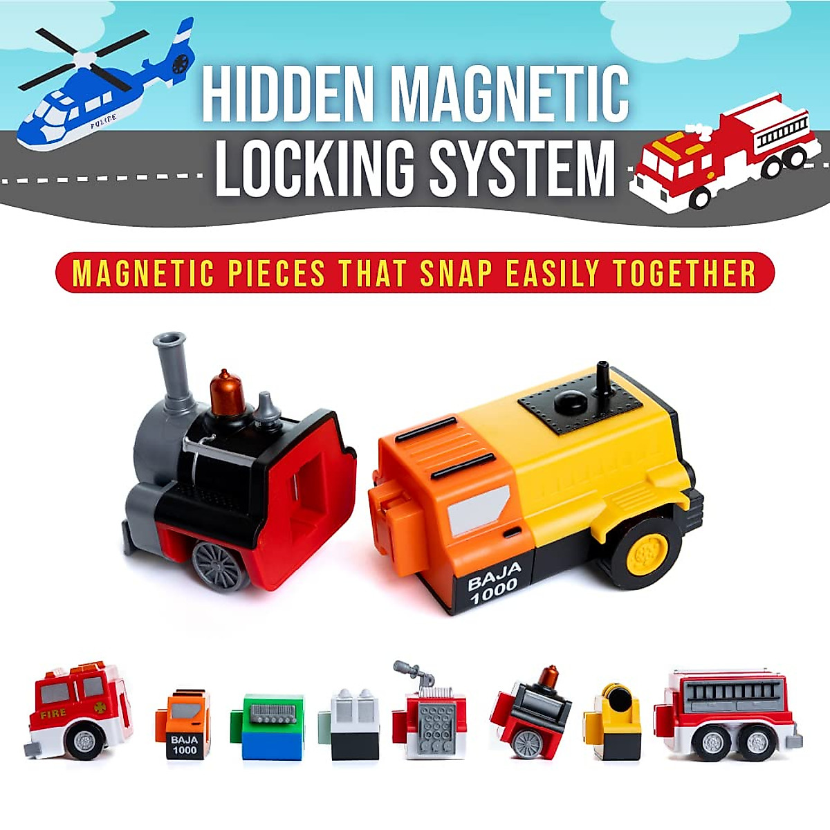 POPULAR PLAYTHINGS Mix or Match Vehicles Orange, Magnetic Toy Play Set, 21 Pieces