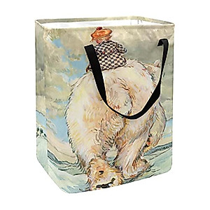 Walking Polar Bear with a Child Print Collapsible Laundry Hamper, 60L Waterproof Laundry Baskets Washing Bin Clothes Toys Storage for Dorm Bathroom Bedroom