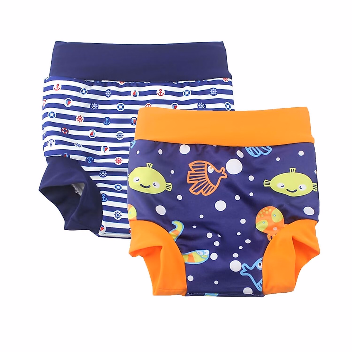 Leideur Baby Swim Nappies for Kids Cover Diaper High-Waisted Swimming Shorts (3-5 Years, Navy Stripe+Blue (Fish))