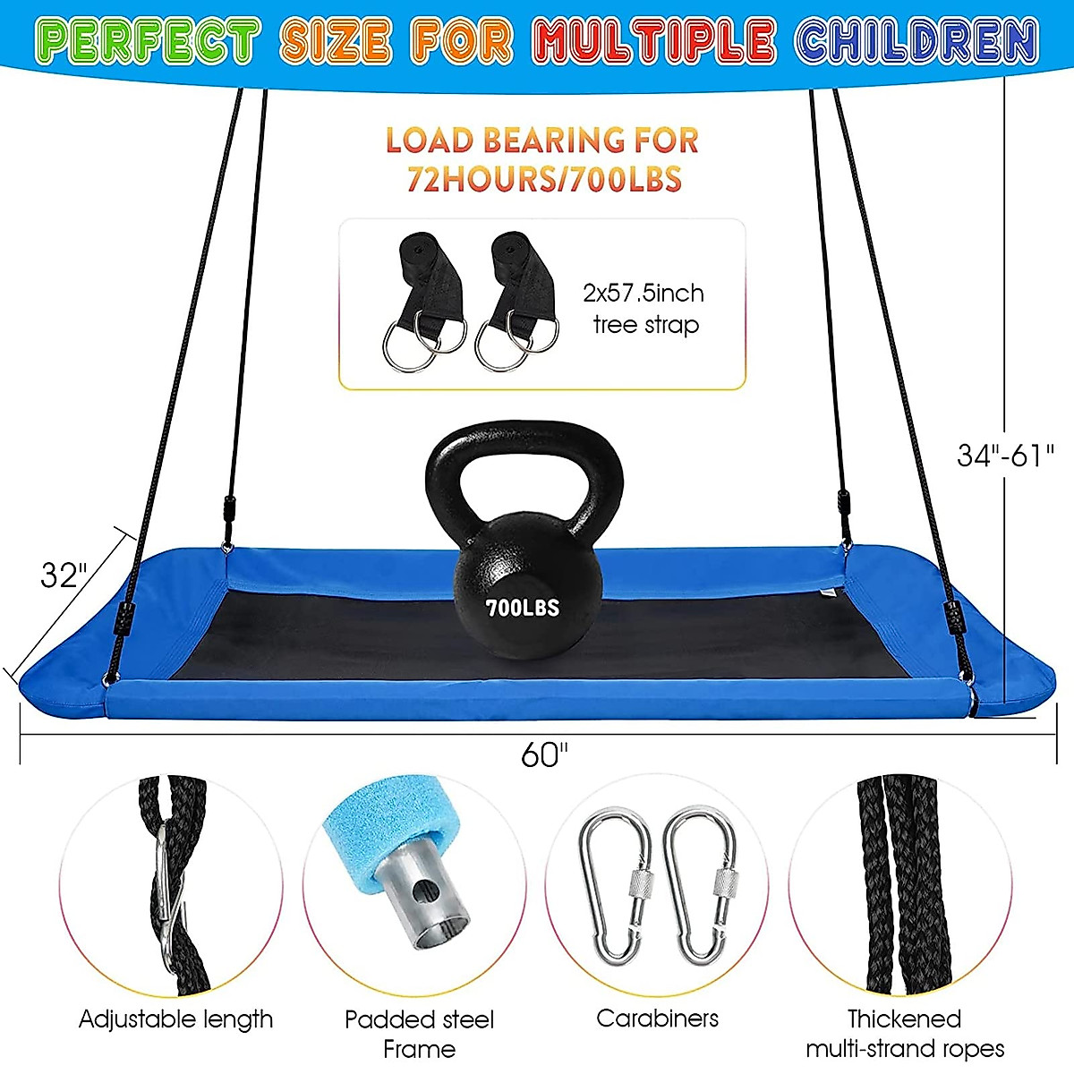 700lb Giant Platform Swing for Kids Adults with 2 Hanging Straps, Flying Saucer Tree Swing Set for Backyard Outdoor Indoor, Durable Steel Frame, Waterproof, Adjustable Swivel Ropes (Blue, Rectangle)