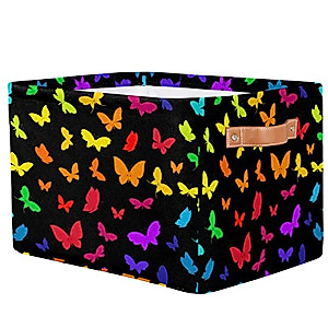 Pardick Large Collapsible Storage Bins ,Butterfly Rainbow Decorative Canvas Fabric Storage Boxes Organizer with Handles，Rectangular Baskets Bin for Home Shelves Closet Nursery Gifts