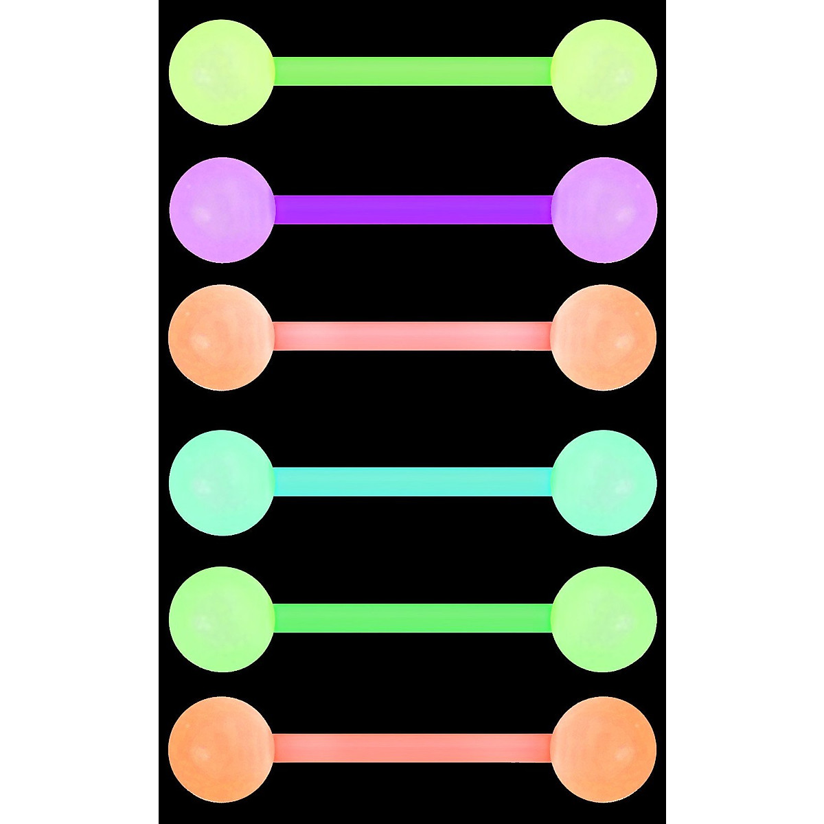 Forbidden Body Jewelry Lot of 6 Glow In The Dark Tongue Rings: 14G 16mm (5/8 Inch) Bioflex Tongue Ring Barbell Set