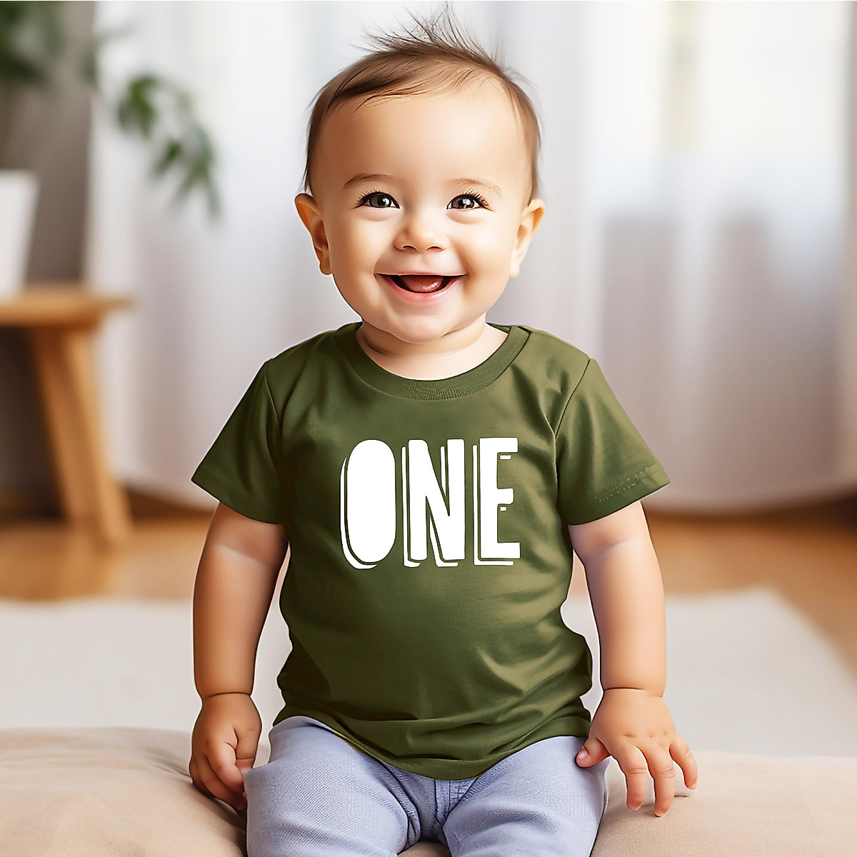 First Birthday Shirt One Outline for 1st Bday Infant Boys and Girls White on Military Green 12 Months