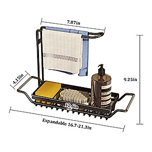 JUMBO FILTER Sponge Holder for Kitchen Sink, Telescopic Sink Storage Rack, Home Stainless Steel Sink Caddy Expandable (16.7"-21.3"), with Dishcloth Towel Holder (Black)