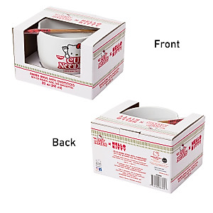 Silver Buffalo Hello Kitty Cup Noodles Nissin Boxed Ceramic Ramen Noodle Bowl with Chopsticks, 20oz