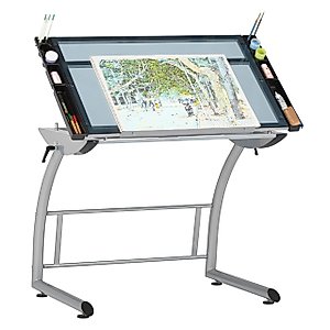 SD Studio Designs Triflex Drawing Table, Sit to Stand Up Adjustable Office Home Computer Desk, 35.25" W X 23.5" D, Silver/Blue Glass