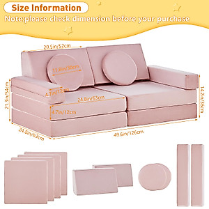 TUKAILAi 10PCS Modular Kids Play Couch, Convertible Child Sectional Sofa, Imaginative Furniture Play Set for Creative Kids, Toddler, Teen Nugget Couch for Boys and Girls(Pink)