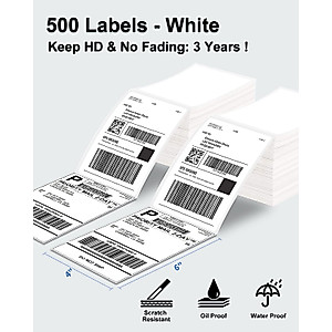 Phomemo 4x6 Thermal Label Printer Paper - 500 PCS White 4"x6" Fan-Fold Labels Shipping Supplies Labels - Water/Oilproof Label Stickers - Permanent Adhesive Thermal Shipping Label for Shipping Packages