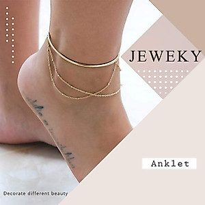Jeweky Boho Layered Sequines Anklets Beads Foot Jewelry Chain Ankle Bracelets for Women and Girls (Gold)